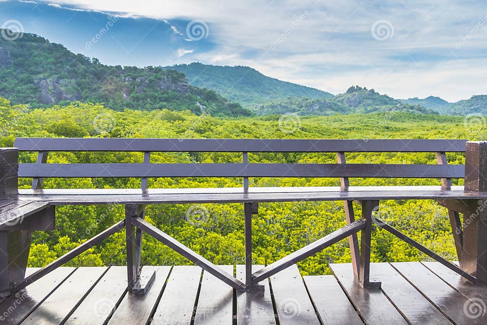 Balcony Overlooking the Bench, Forests, and Mountains Stock Image ...