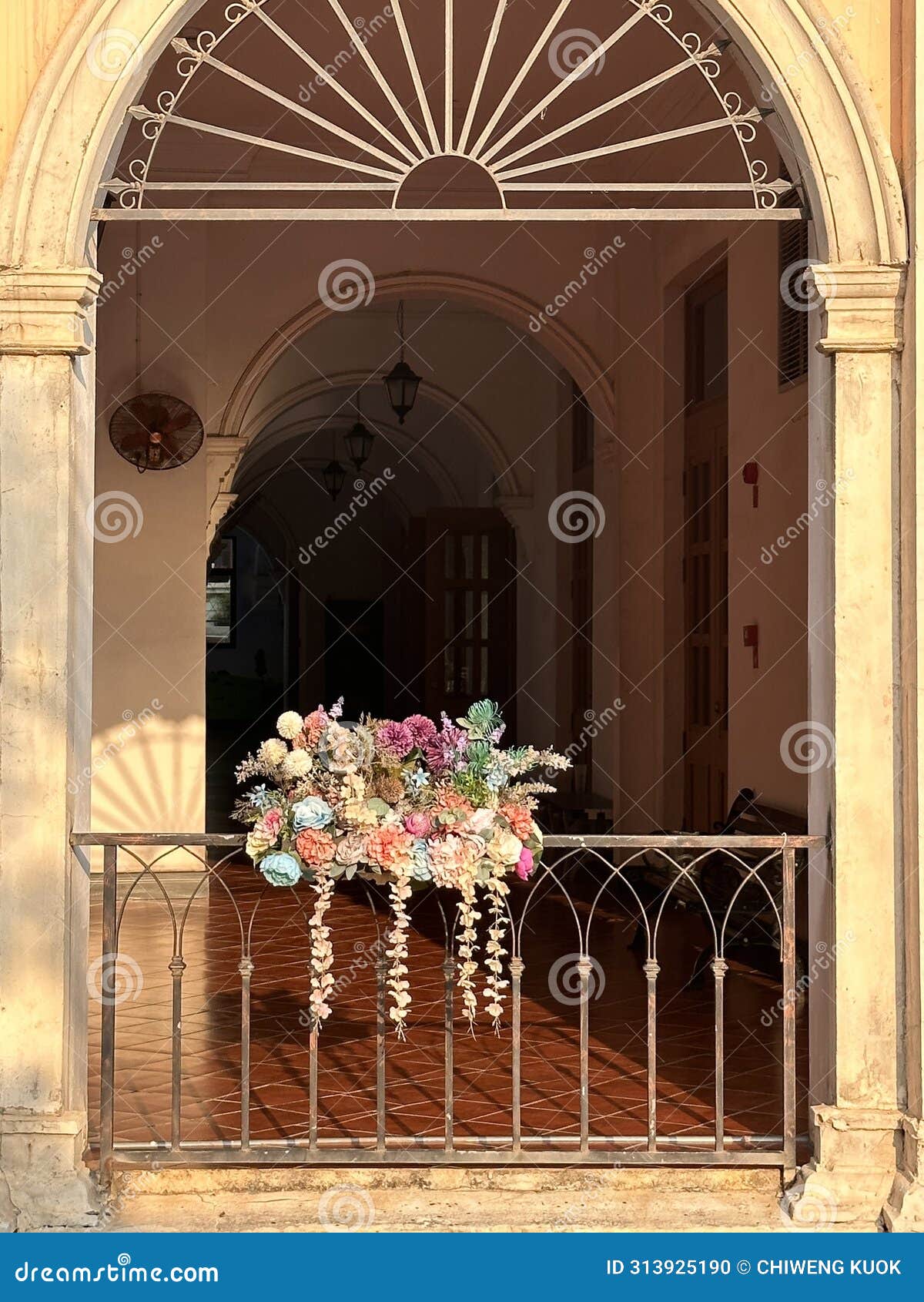 Balcony, Railing with Green Plants and Blossoming Flowers, Front View ...