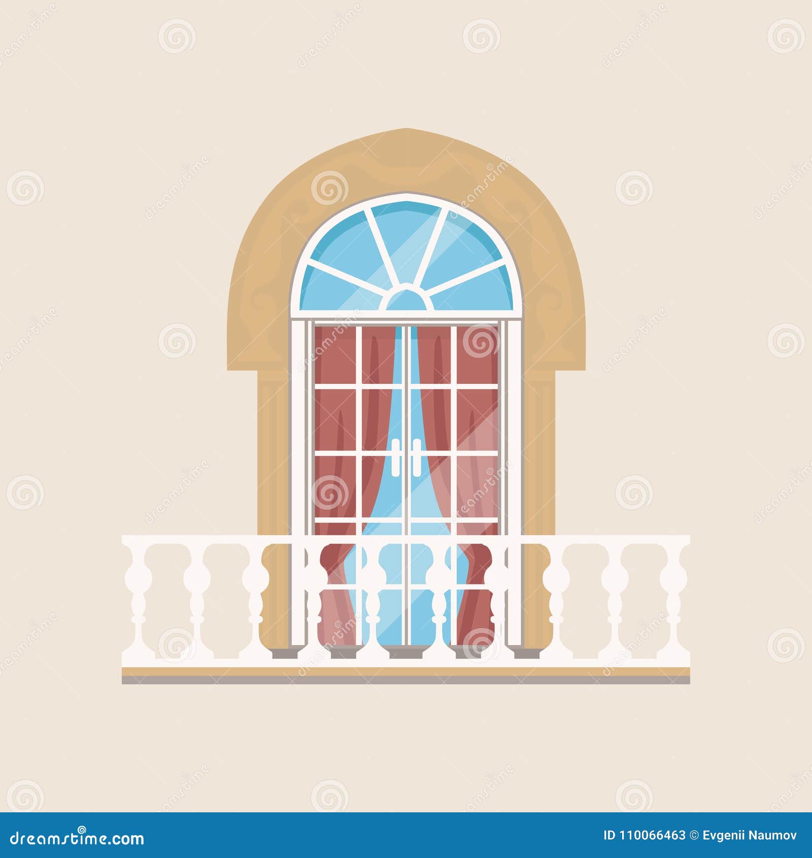 Balcony with Stone Balusters and Arched Window Vector Illustration ...