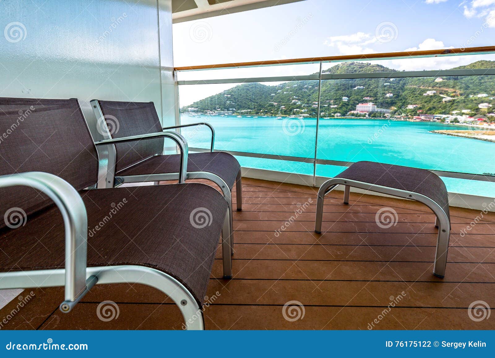 Balcony With A View Of The Blue Sea. Tall Palm Tree Next To The Bolcony ...