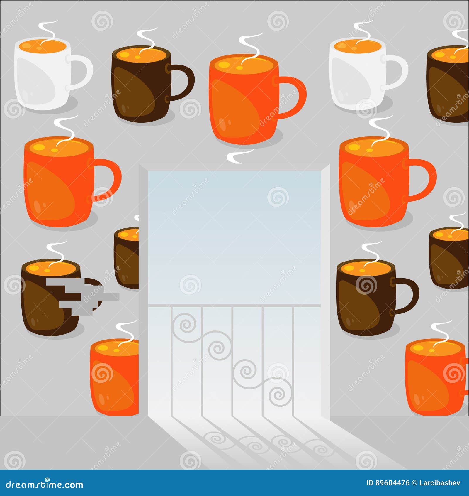 Balcony Window with Coffee Cups Wallpaper. Stock Vector - Illustration ...