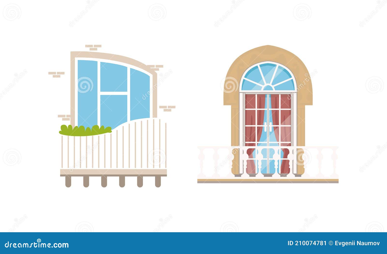 Balcony Windows Set, House Facade Design Elements, Small Patio Vector ...