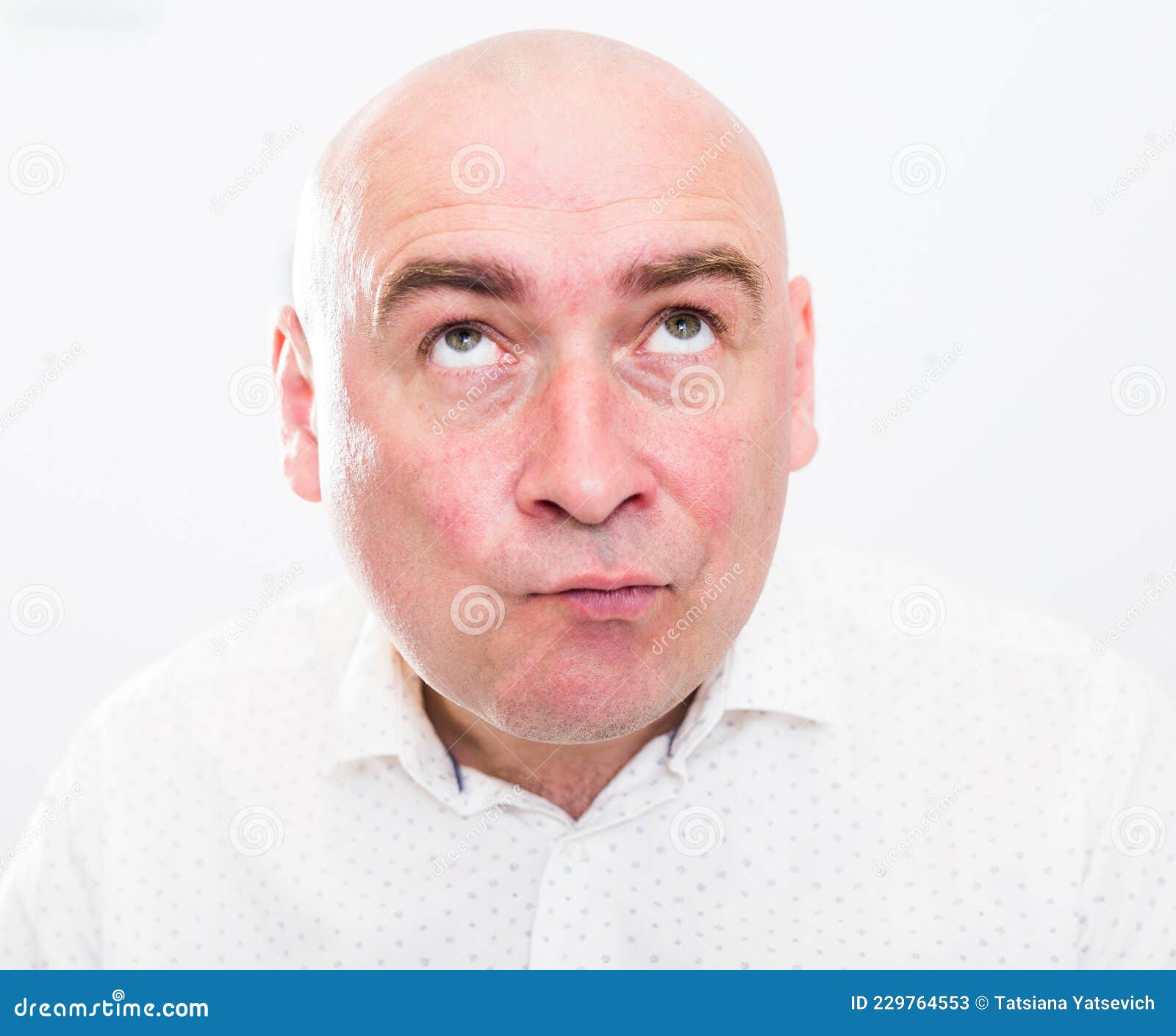 Portrait Of Bald Adult Mature Man With Emotions On White Background
