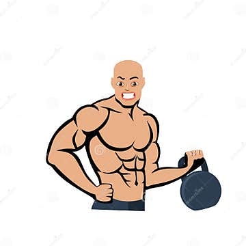 Bald Bodybuilder with Weight, Cartoon on a White Background. Stock ...
