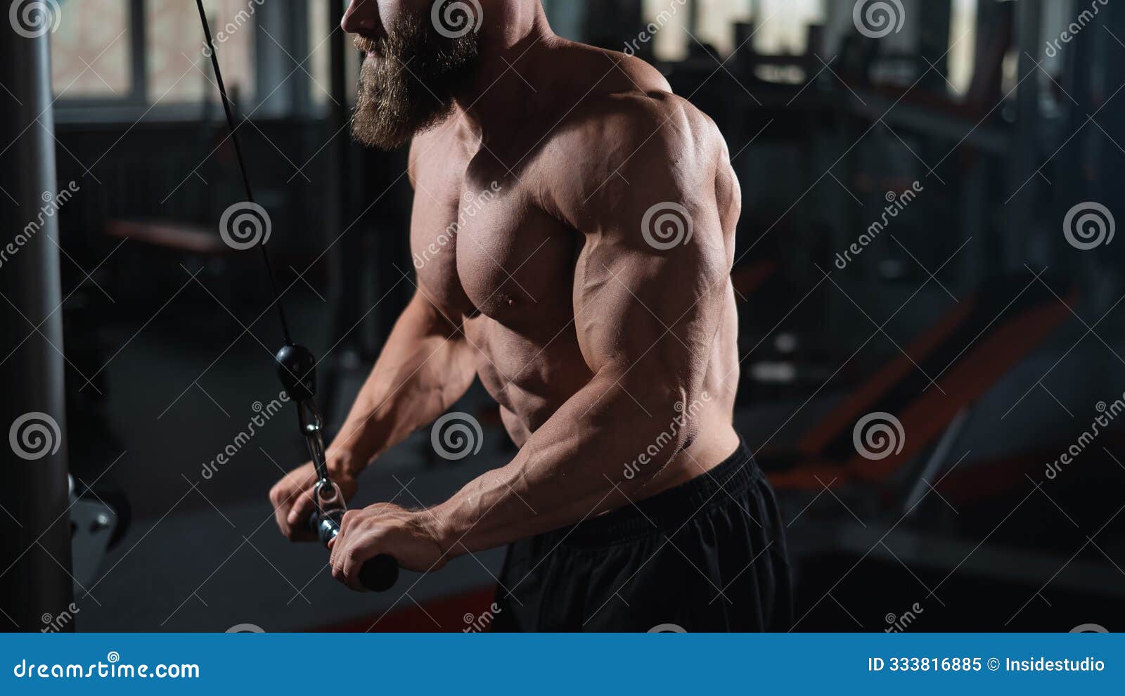Bald Caucasian Bodybuilder Doing Heavy Triceps Exercises with Cable ...
