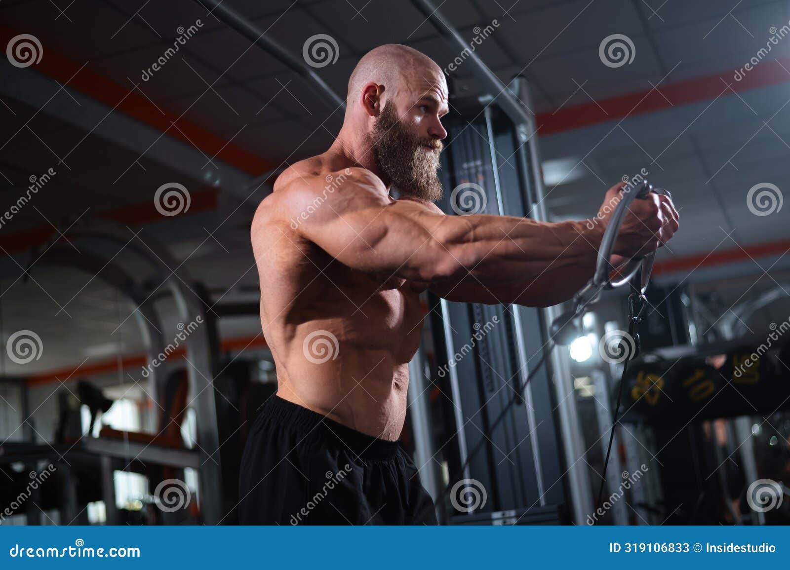 Bald Caucasian Bodybuilder Training Chest Using Cable Crossover in Gym ...
