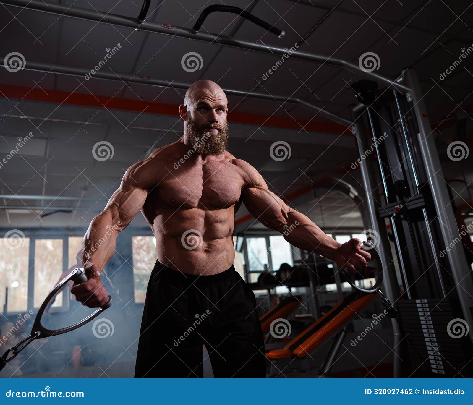 Bald Caucasian Bodybuilder Training Chest Using Cable Crossover in Gym ...