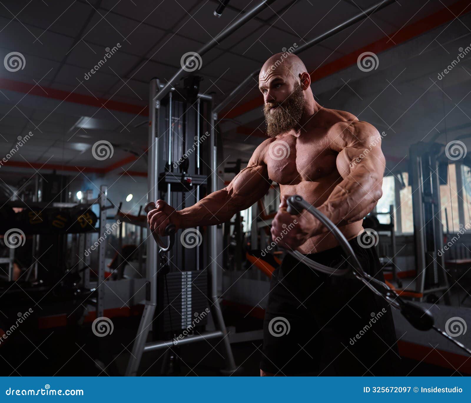 Bald Caucasian Bodybuilder Training Chest Using Cable Crossover in Gym ...