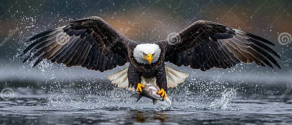 Bald Eagle Catching a Fish in Mid-flight Over Water Stock Image - Image ...