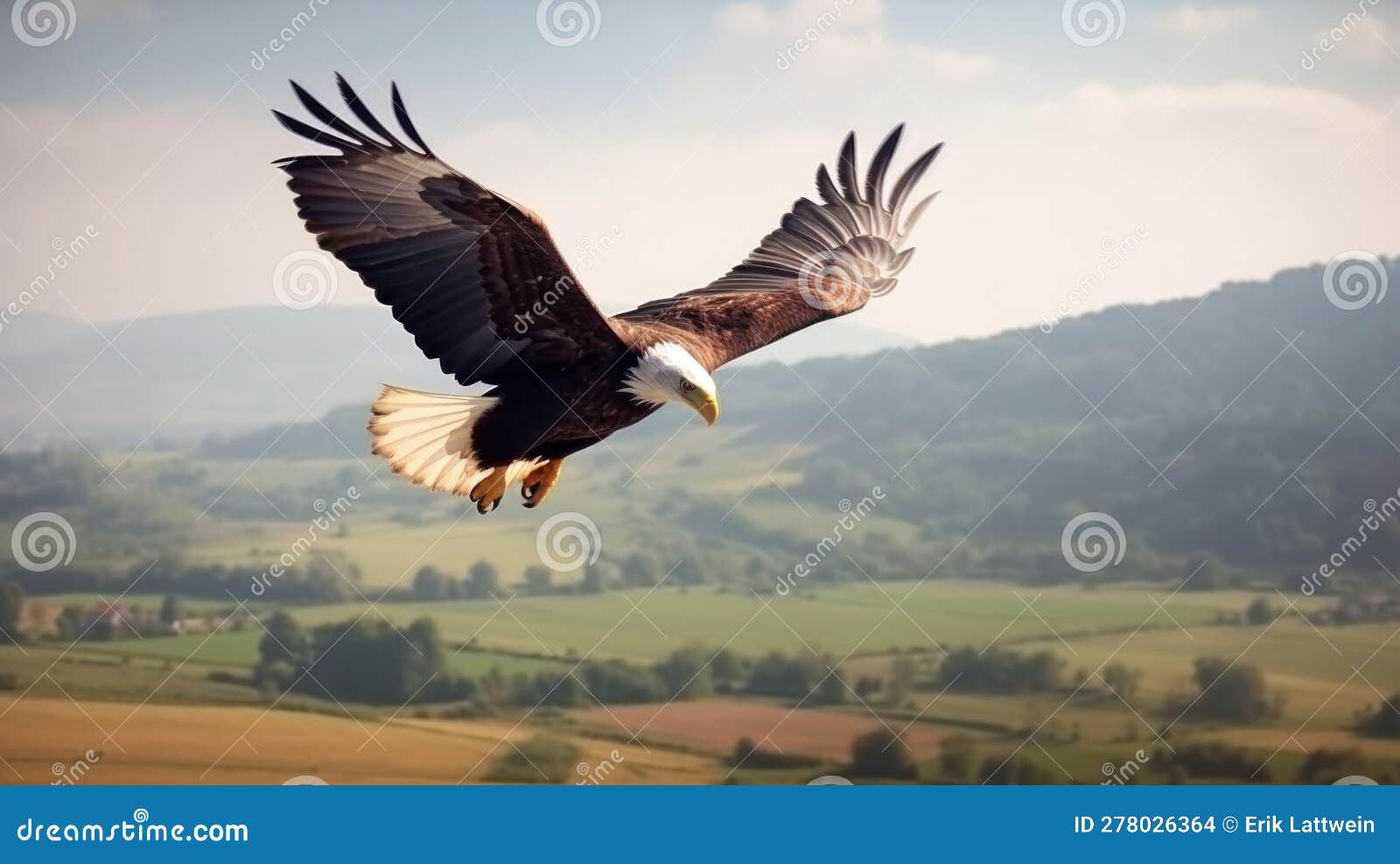 Bald Eagle in Flight Over a Beautiful Landscape in the Morning. - Made ...
