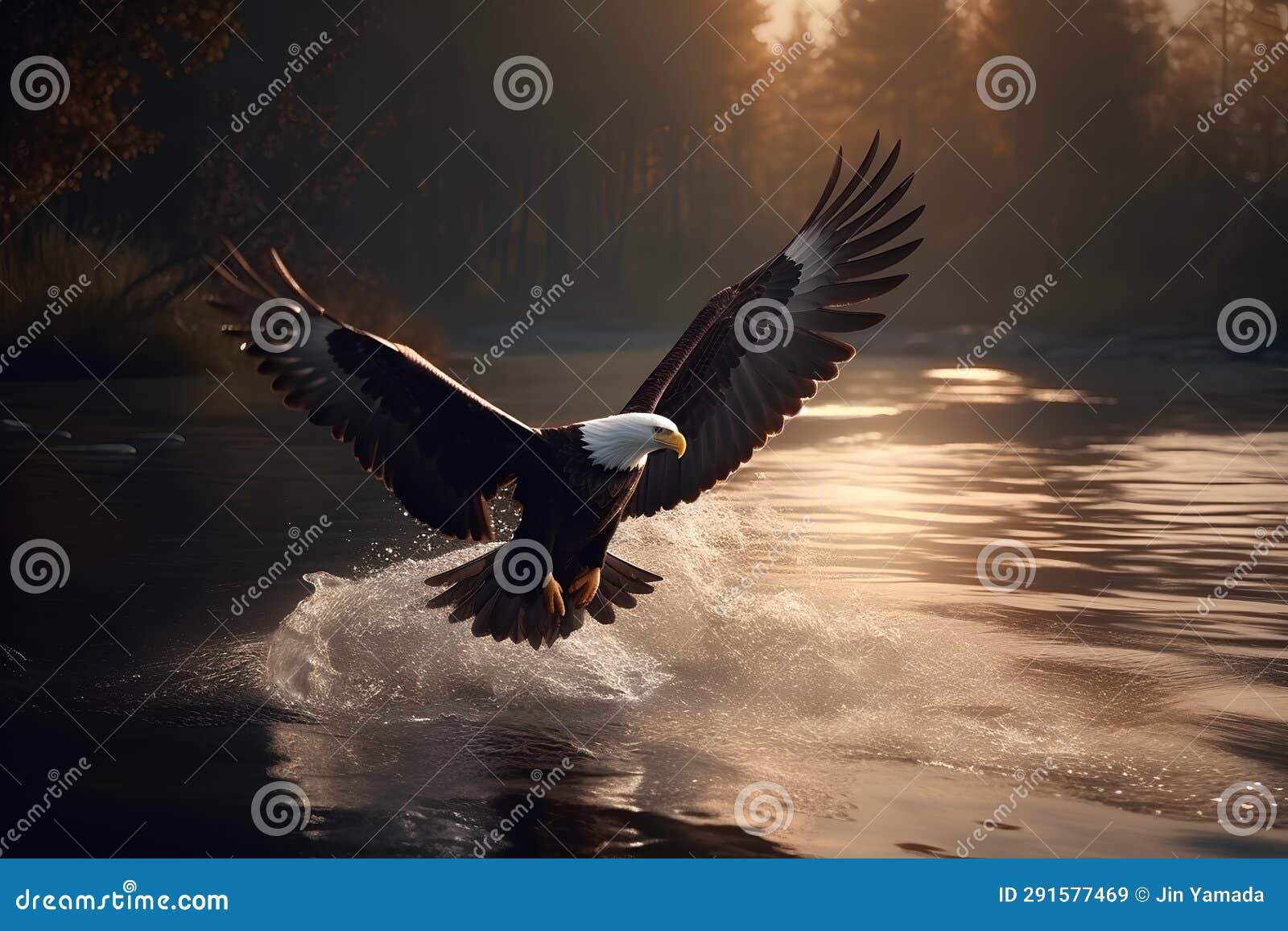 Bald Eagle in Flight Over a Lake with a Sunset and Reflection Stock ...