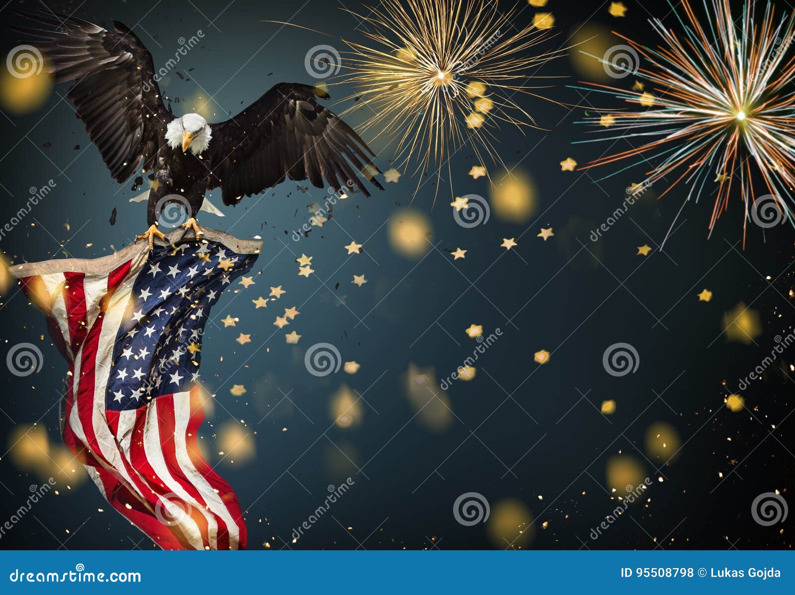 Bald Eagle Flying with American Flag Stock Photo - Image of feast ...