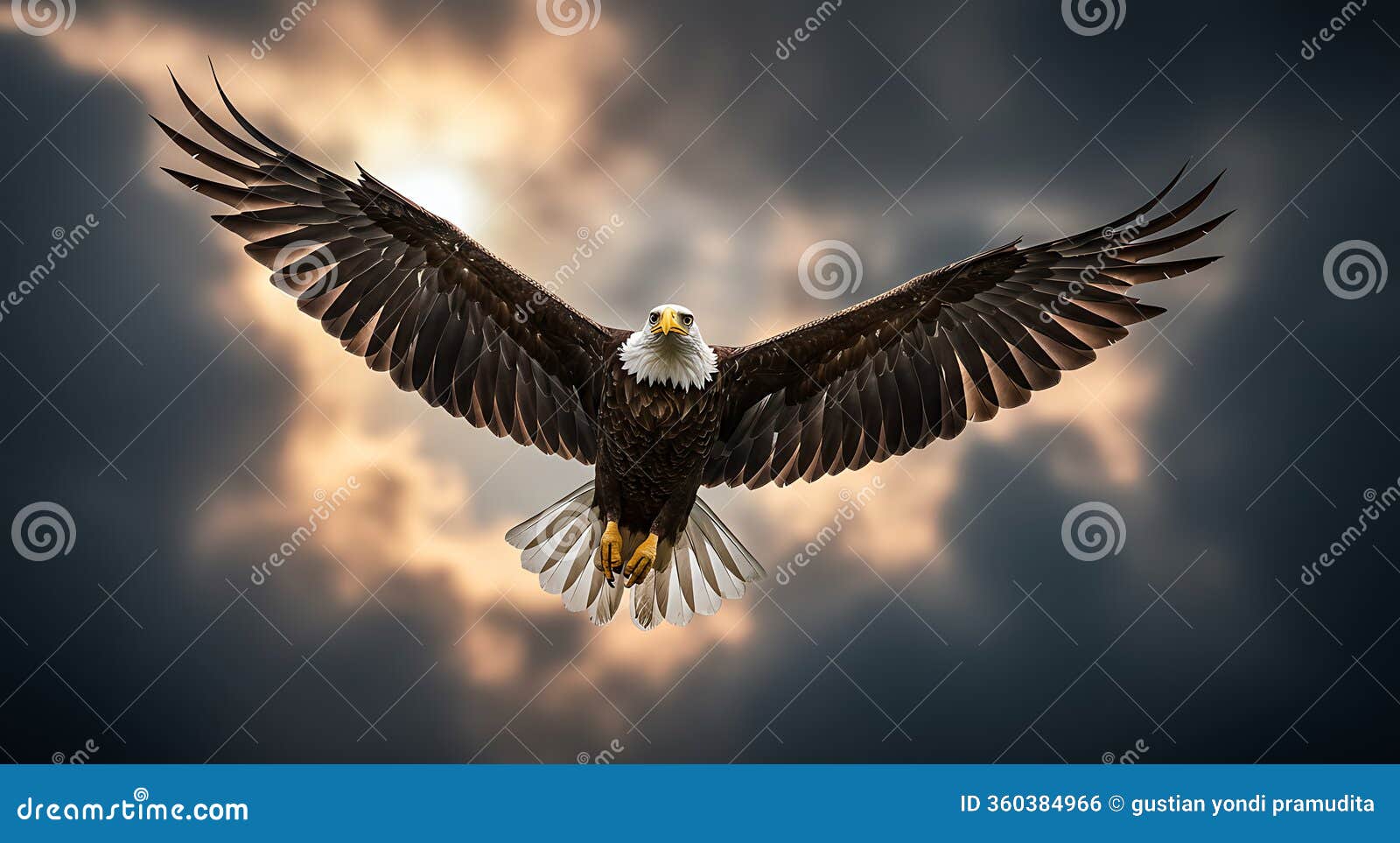Bald Eagle Flying through Cloudy Sky with Wings Spread Wide Stock Illustration - Illustration of ...