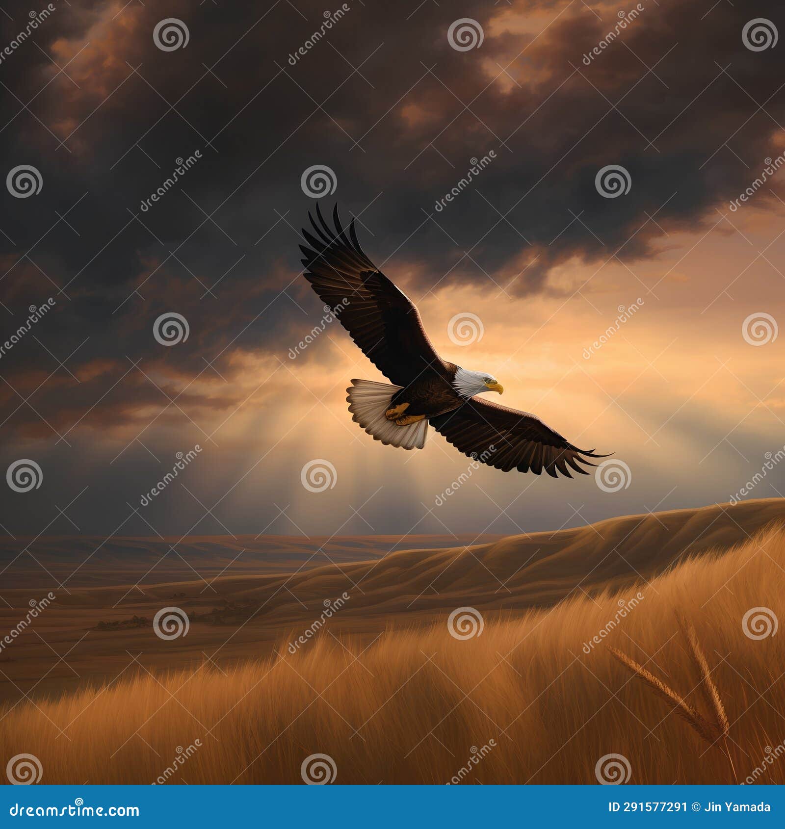 Bald Eagle Flying in the Desert at Sunset. 3d Render Stock Illustration ...