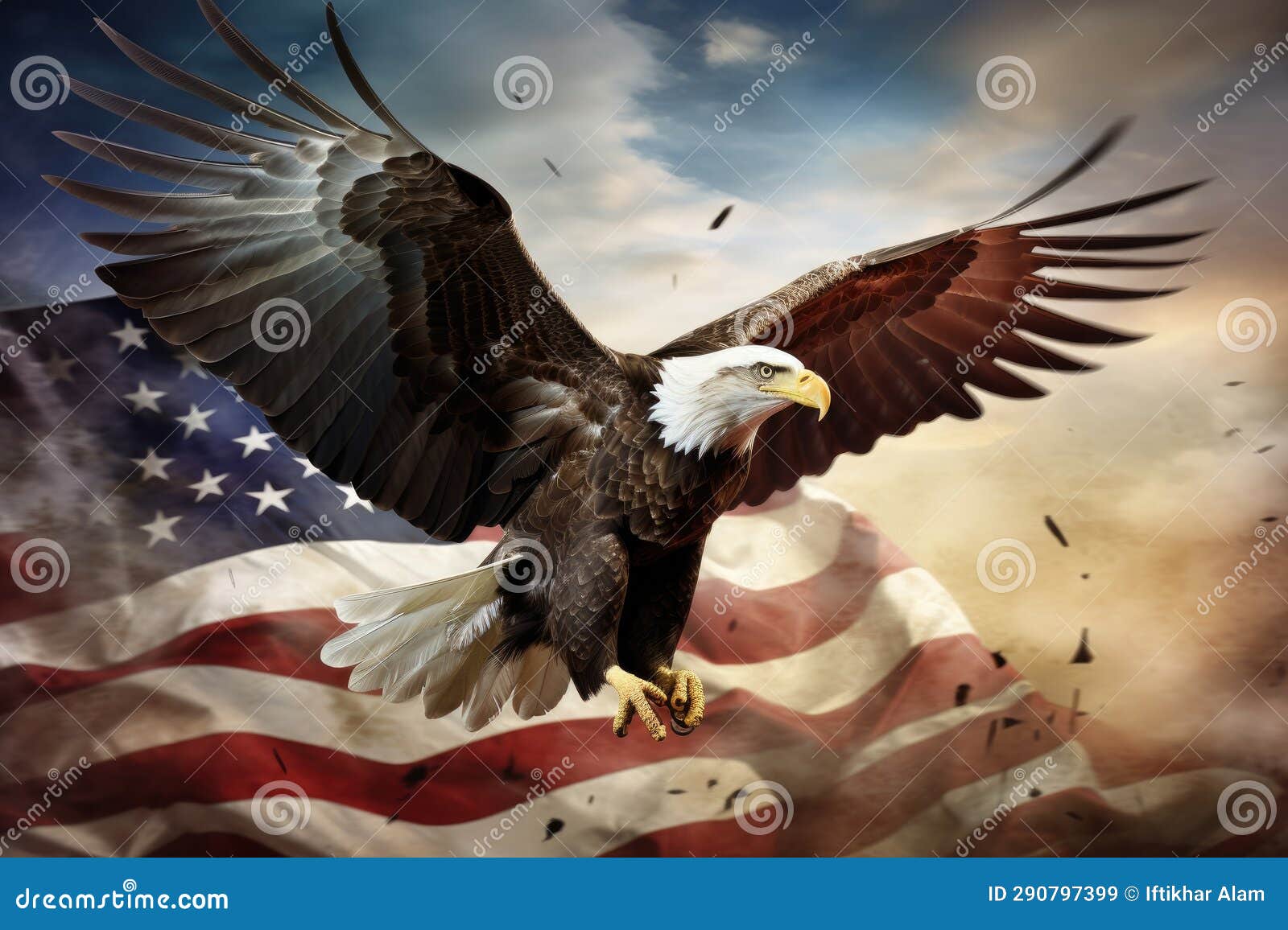 Bald Eagle Flying Over the American Flag. 3d Illustration Stock ...