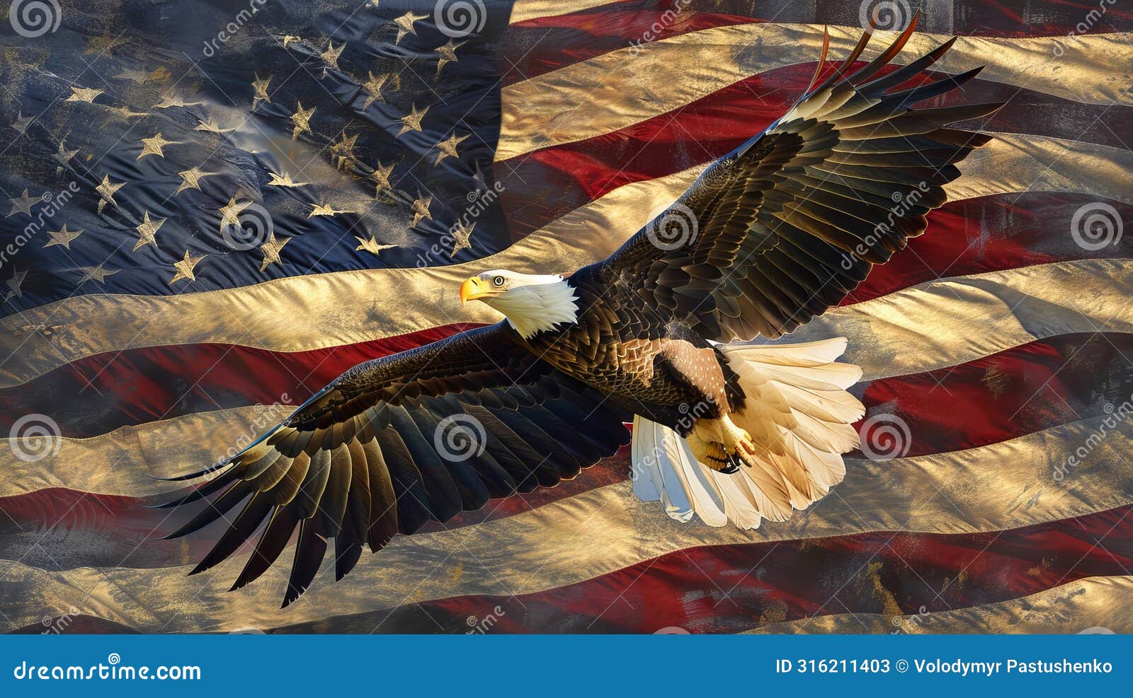 A Bald Eagle Flying Over an American Flag Stock Image - Image of ...