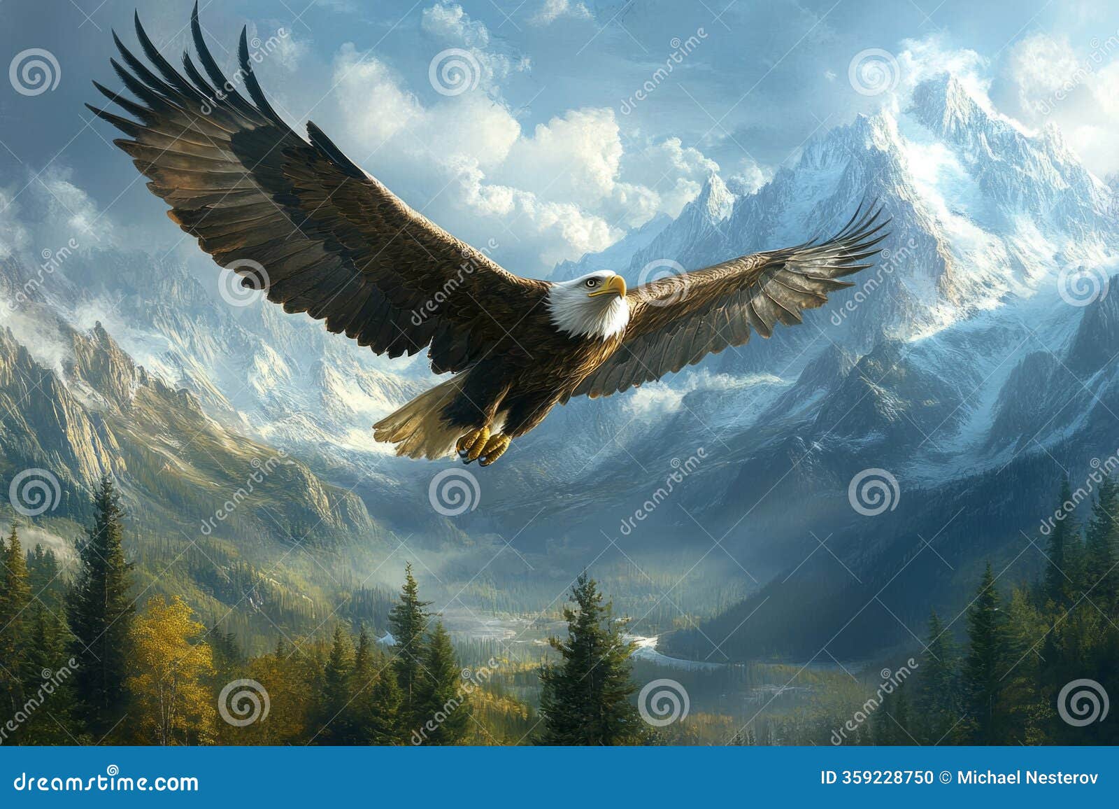 Bald Eagle Flying Over a Mountain Range with a Lake and Forest ...