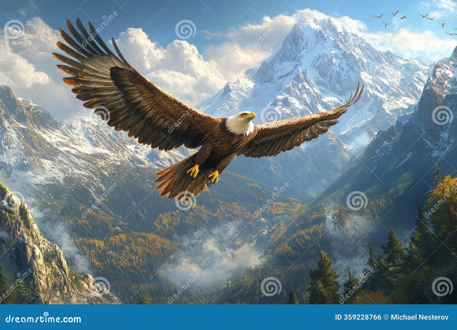 Bald Eagle Flying Over Snowy Mountain Peaks on a Sunny Day Stock Photo - Image of majestic ...