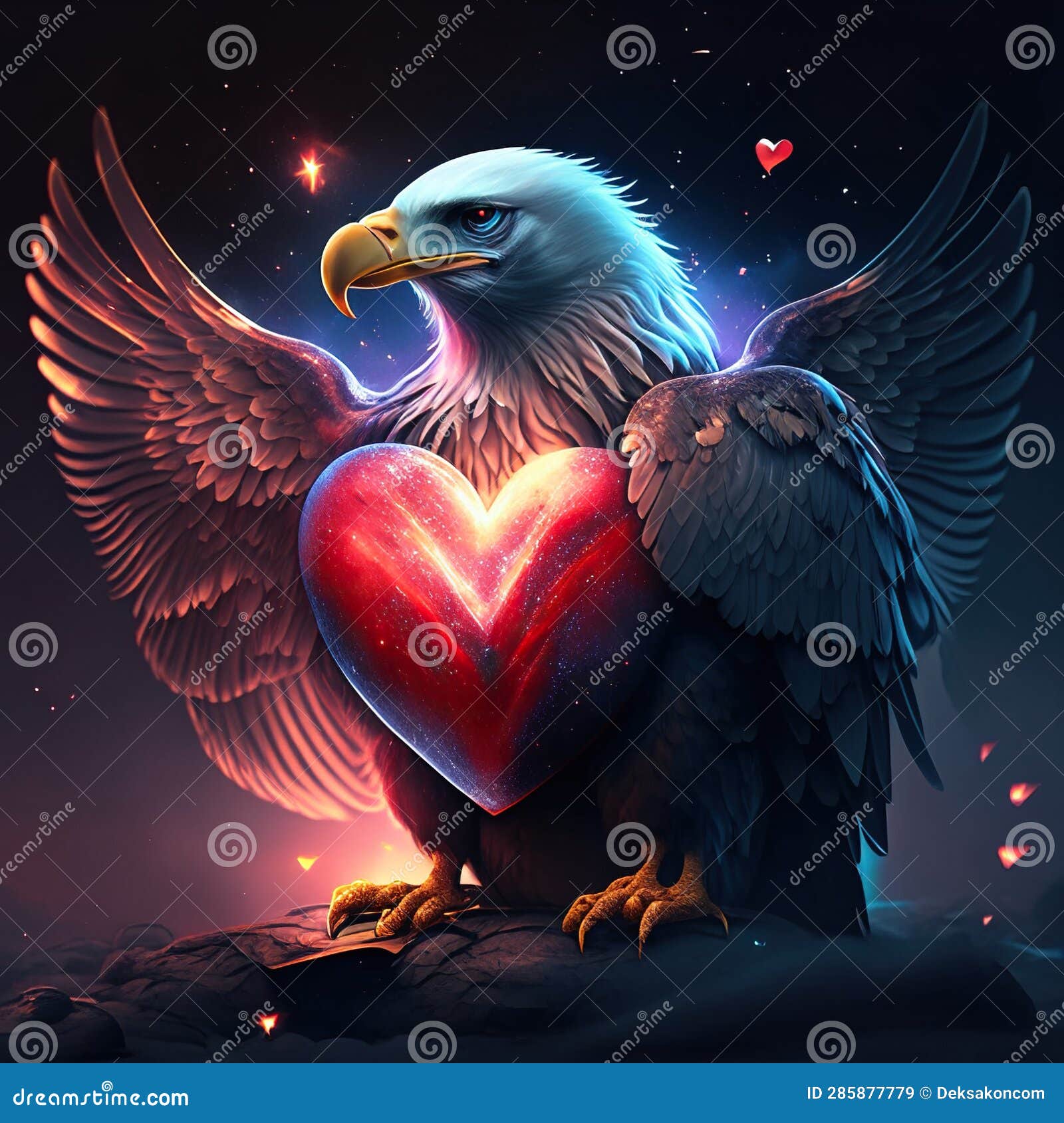 Bald Eagle Hugging Heart Eagle with Red Heart in the Night Sky. 3D ...