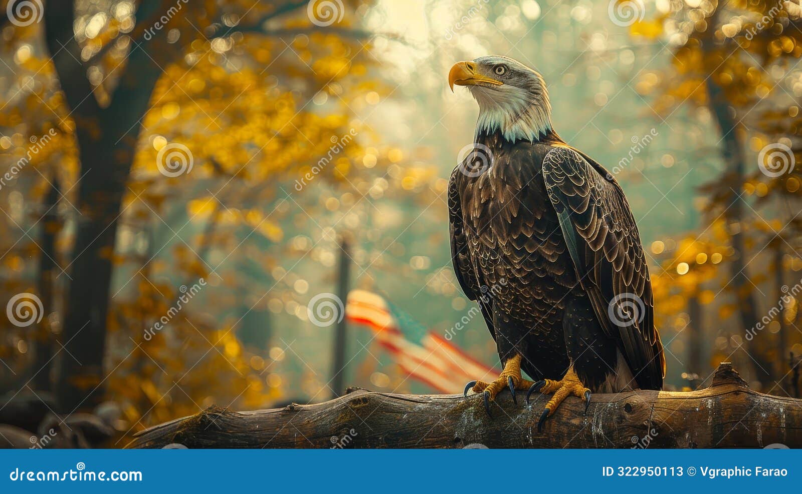 Bald Eagle Perched on a Tree Branch with Fall Foliage and American Flag ...
