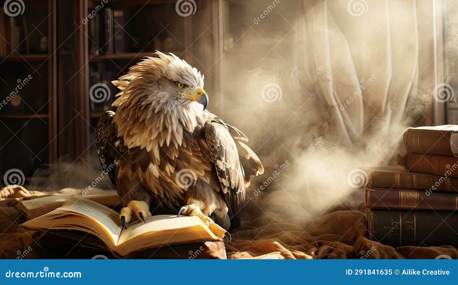 Bald Eagle Sitting on a Bookshelf and Reading a Book Stock Illustration ...