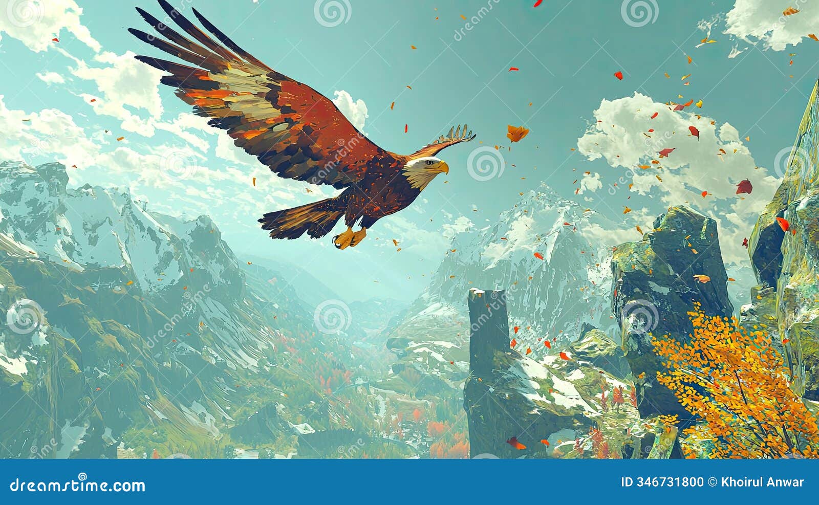 A Bald Eagle Soaring through the Air Over a Mountain Range Stock Photo ...