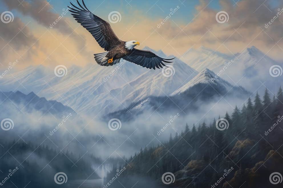 Bald Eagle Soaring High Above a Misty Mountain Range Stock Illustration - Illustration of ...