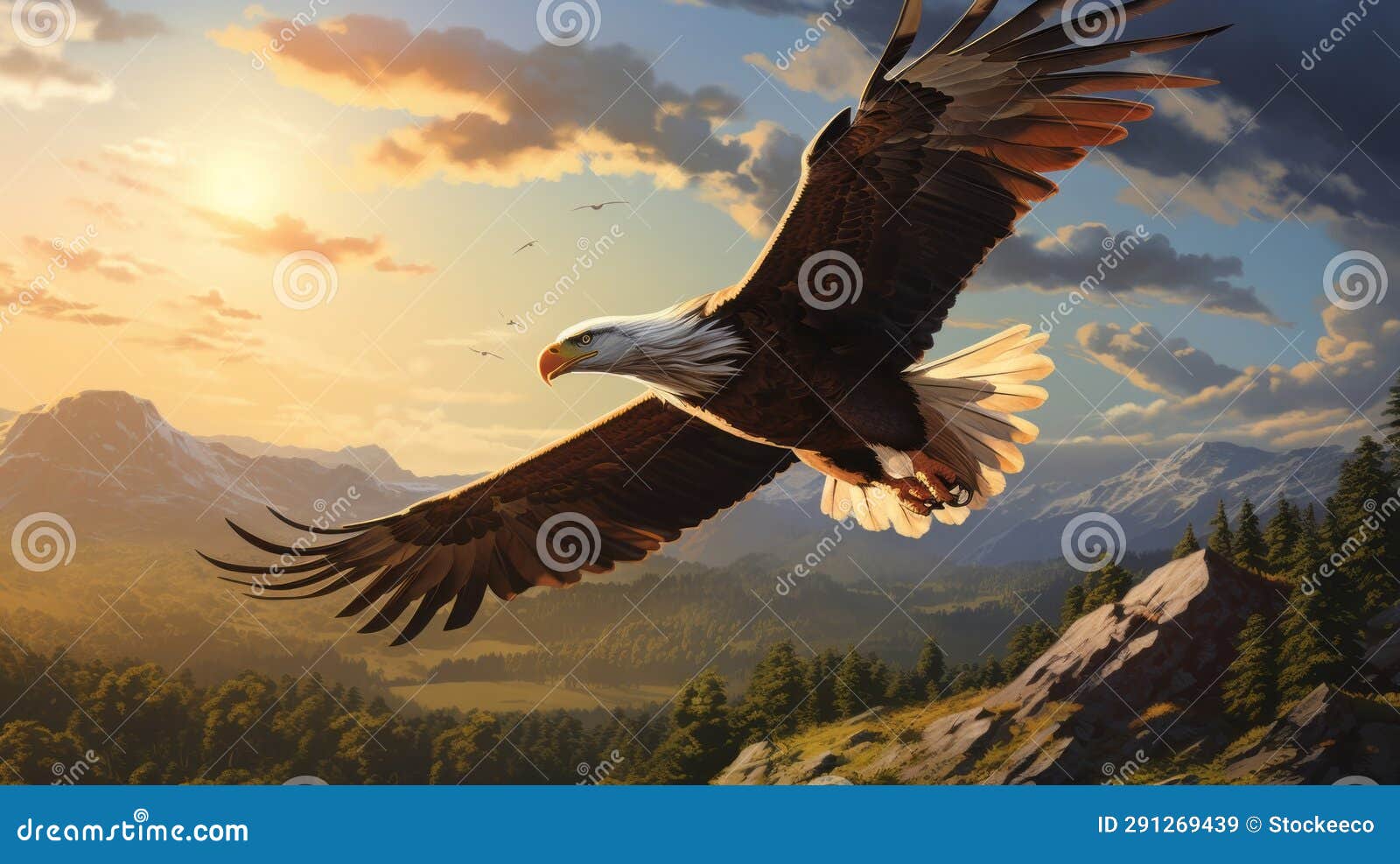 Bald Eagle Soaring Over Mountain Range at Sunset Stock Illustration ...