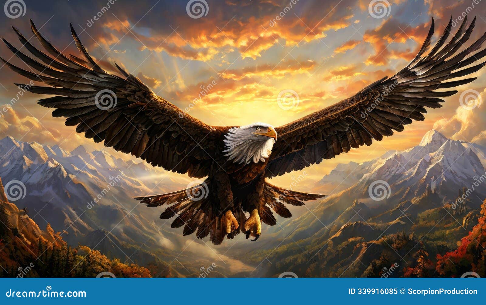 Bald Eagle Soaring Over Mountain Range during a Vibrant Sunset Stock ...