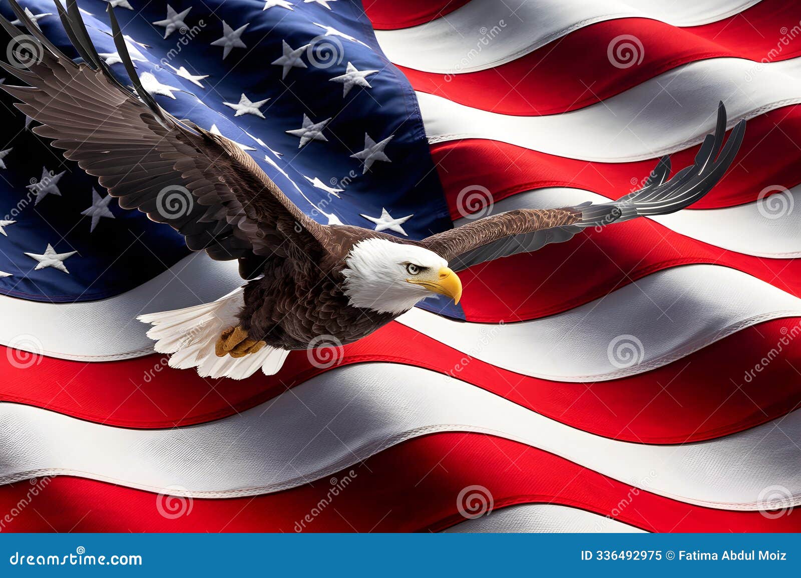 Bald Eagle Soars in Front of Vibrant American Flag, Wings Spread Wide Stock Illustration ...
