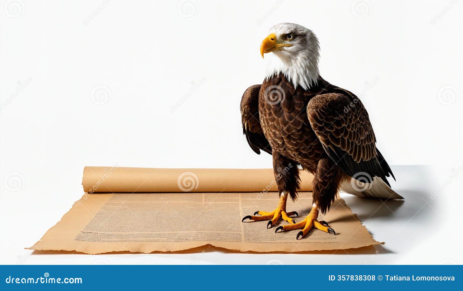 Bald Eagle Standing on Aged Parchment Scroll Against White Background ...