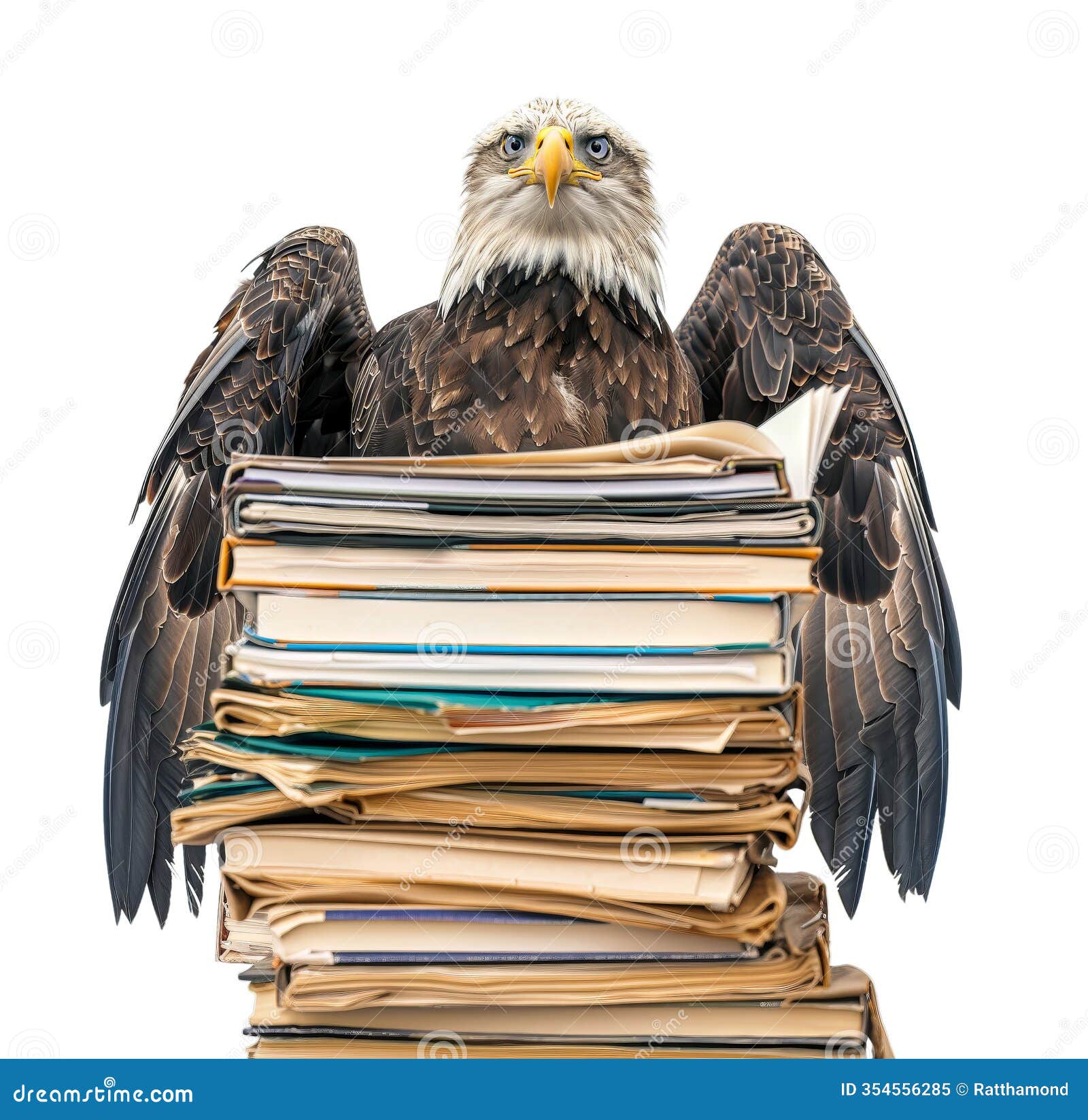 A Bald Eagle Stands Guard Over a Towering Stack of Books Stock ...