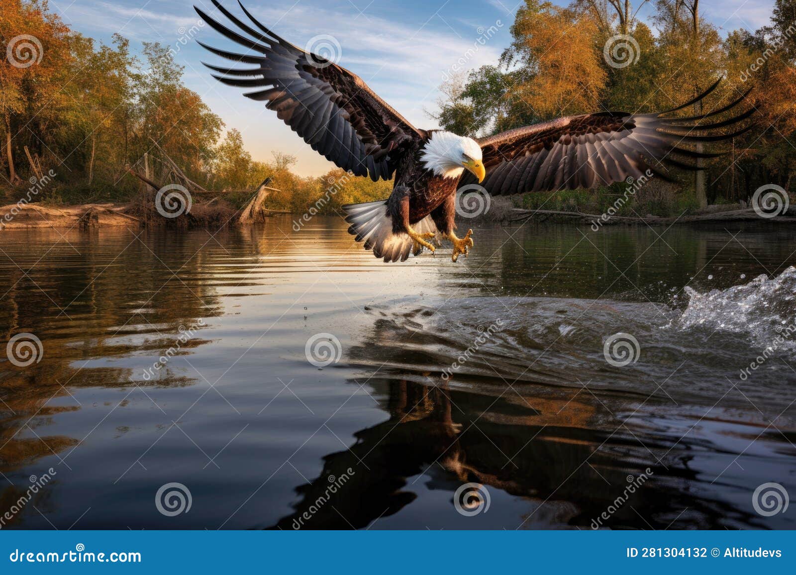 Bald Eagle Swooping Down To Catch a Fish in a River Stock Illustration ...