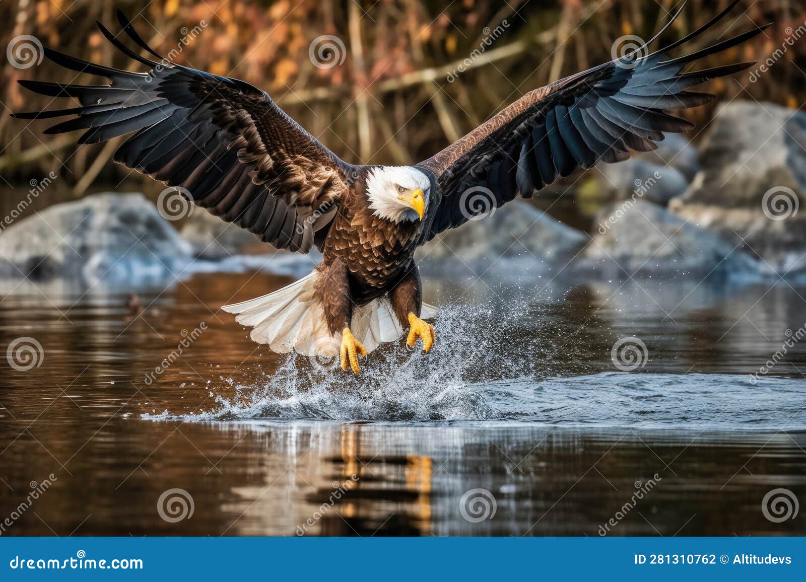 Bald Eagle Swooping Down To Catch a Fish in a River Stock Illustration ...
