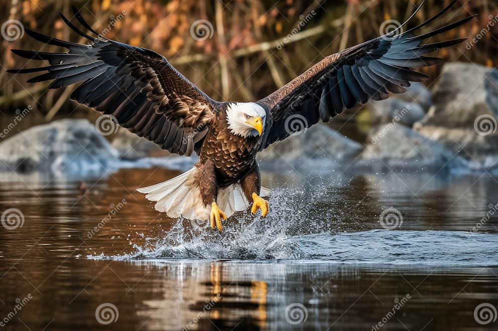 Bald Eagle Swooping Down To Catch a Fish in a River Stock Illustration ...