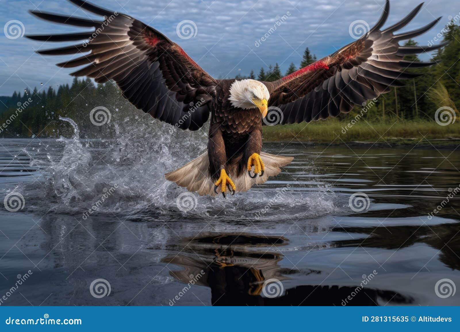 Bald Eagle Swooping Down To Catch a Fish in a River Stock Illustration ...