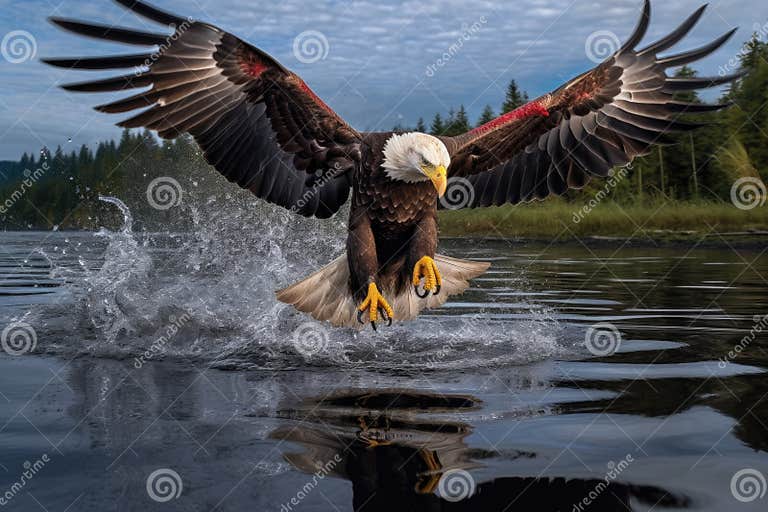 Bald Eagle Swooping Down To Catch a Fish in a River Stock Illustration ...