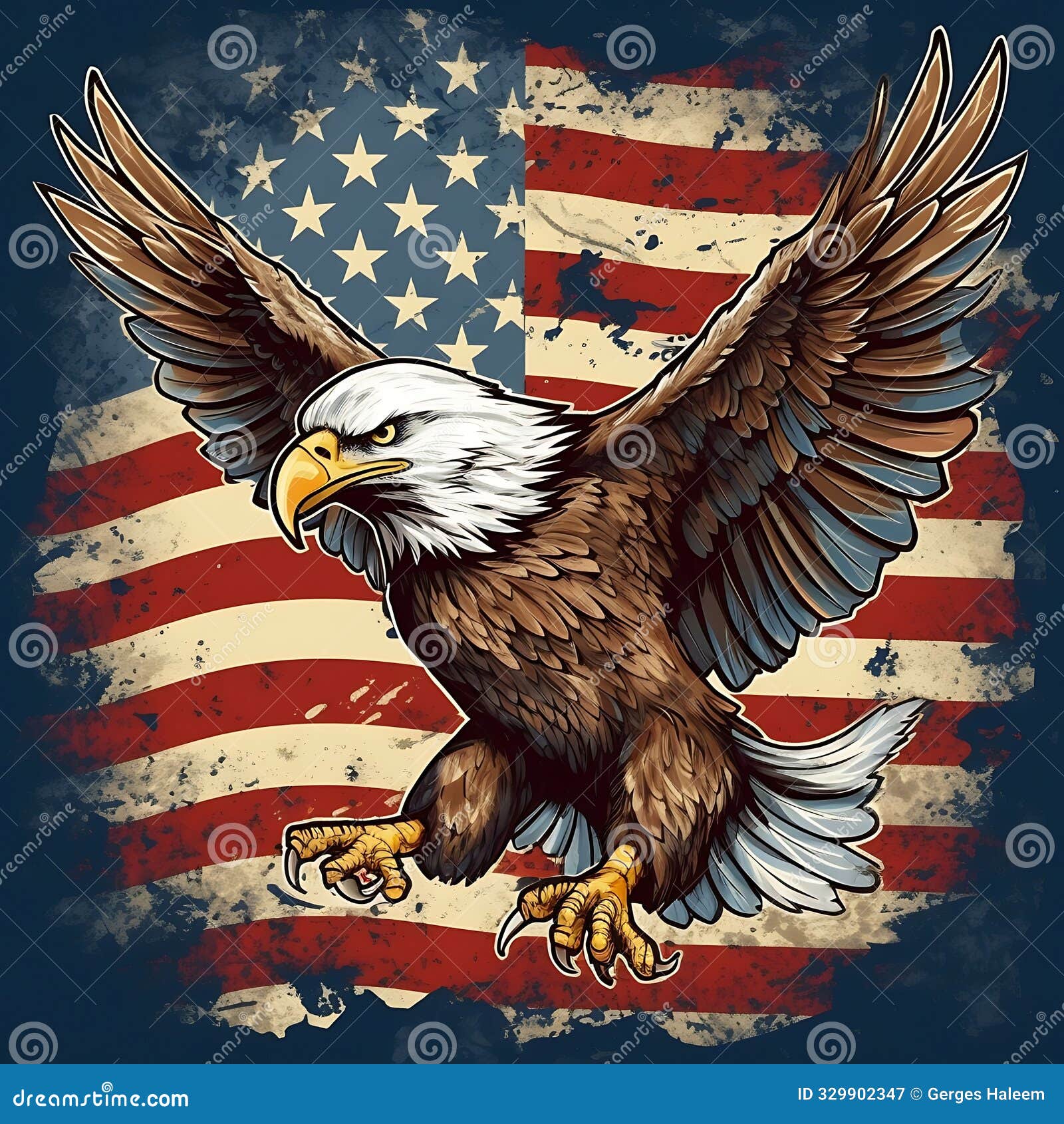 Bald Eagle Soaring Against Distressed American Flag Stock Illustration ...