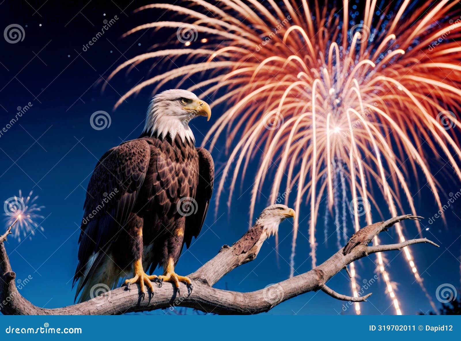 A Bald Eagles Sitting on a Branch with Fireworks in the Background ...