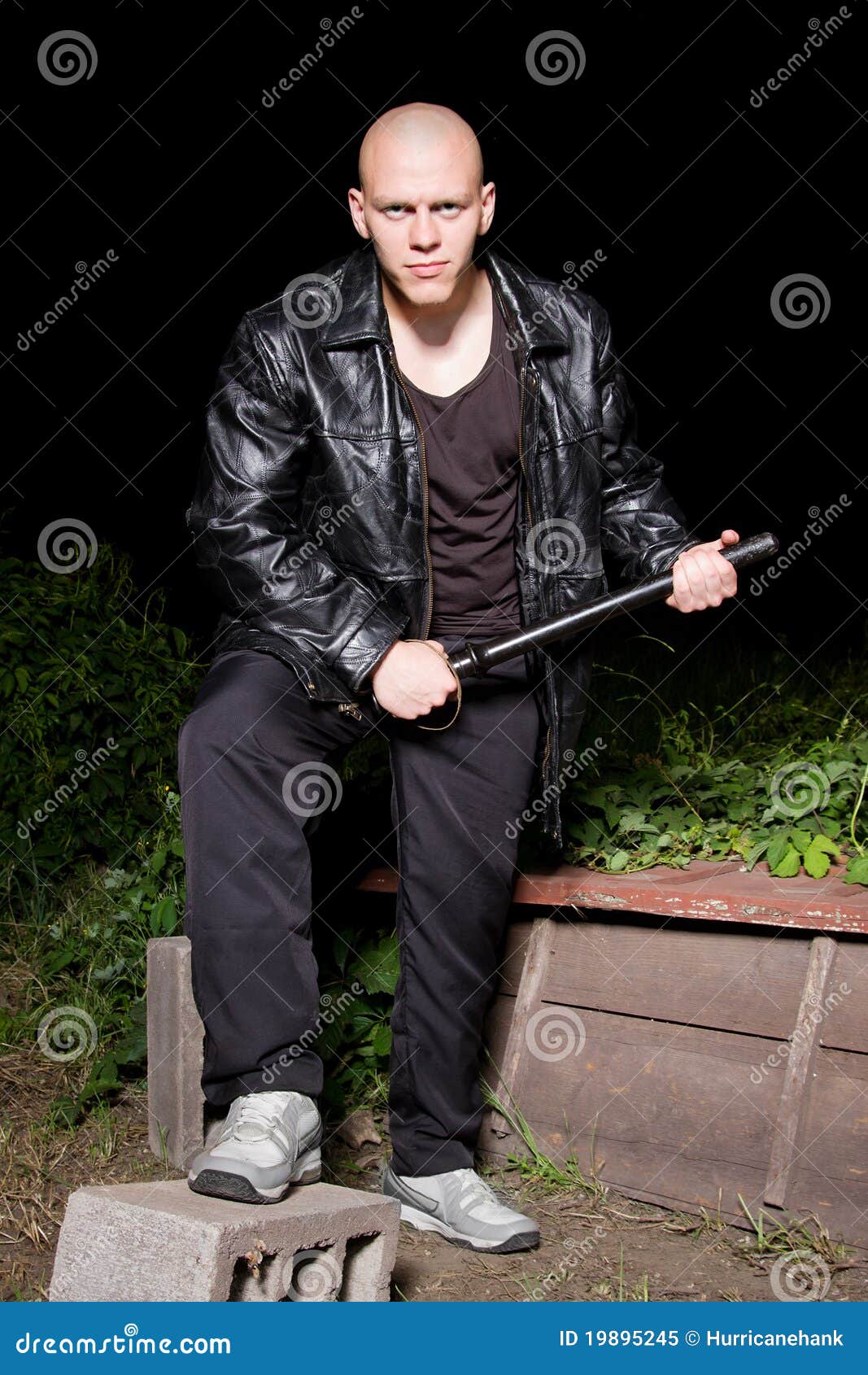 Bald Gangster Armed with Baton Outdoors at Night Stock Image - Image of ...