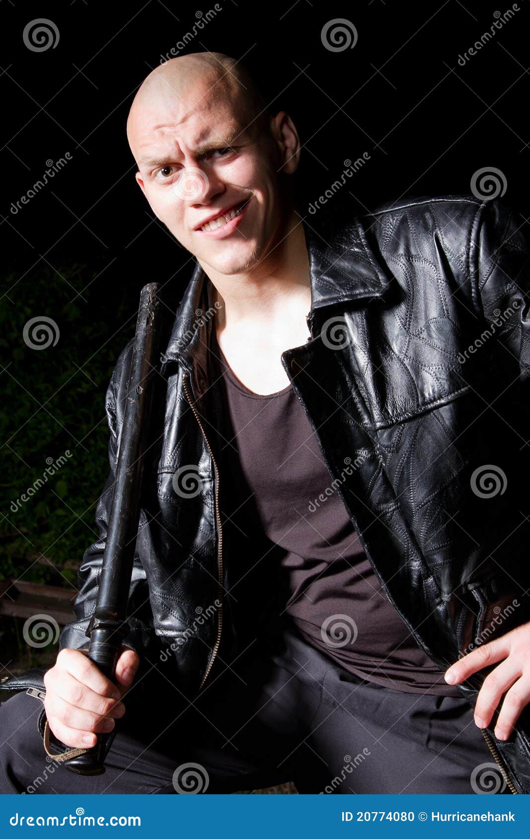 Bald Gangster Armed with Baton Outdoors at Night Stock Photo - Image of ...