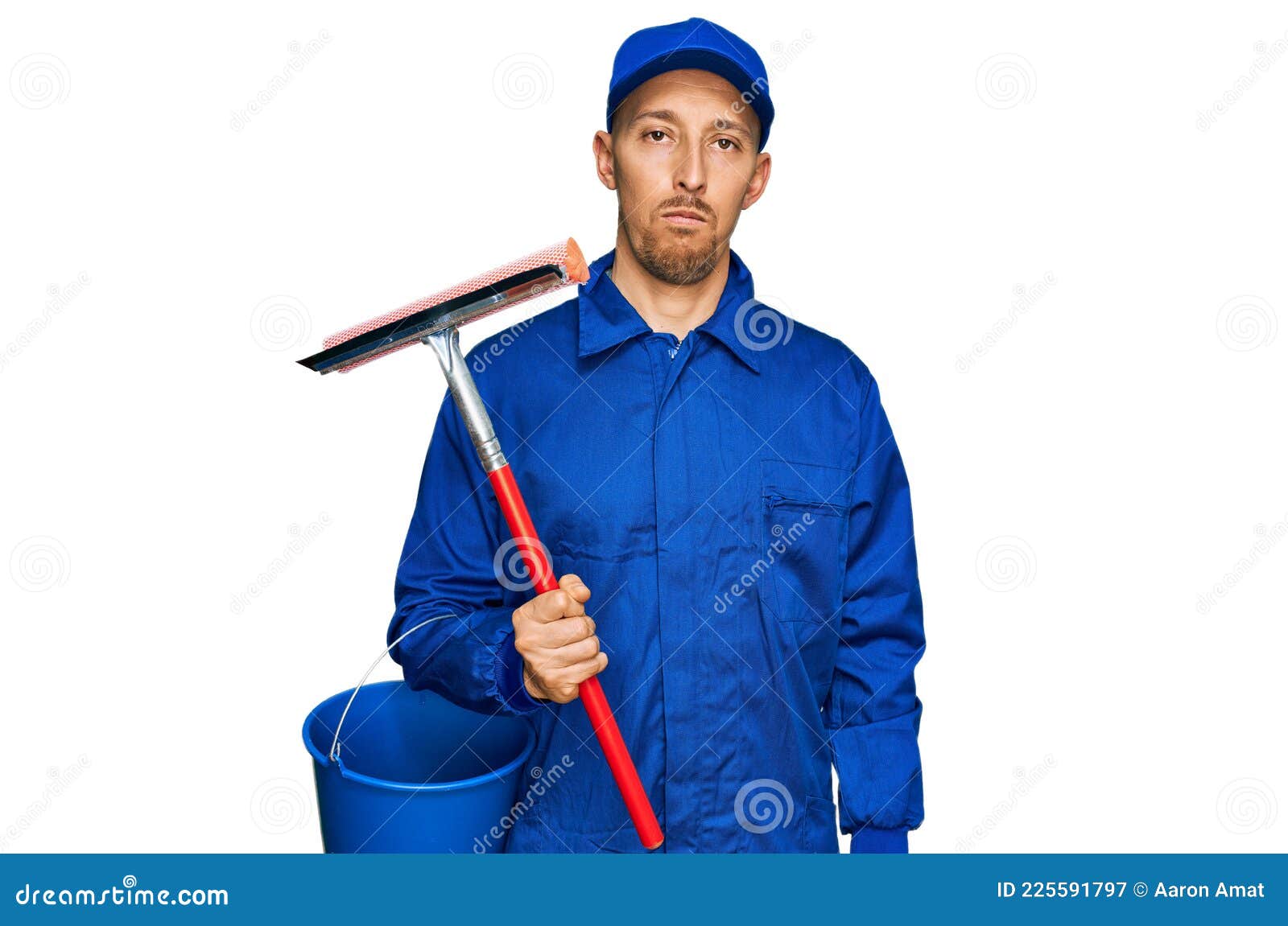 Bald Man with Beard Wearing Glass Cleaner Uniform and Squeegee Thinking ...