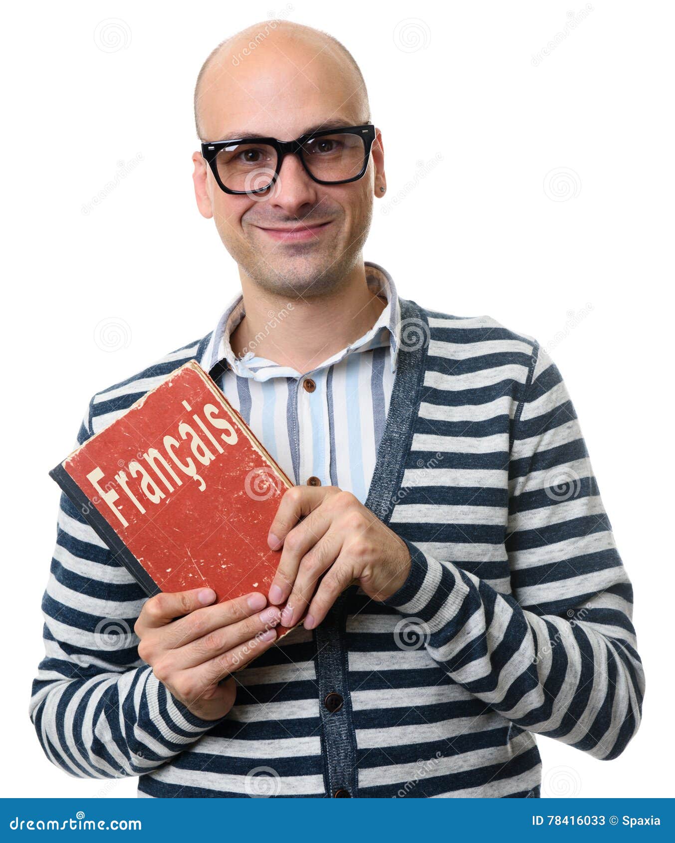 Bald Man Holds a Textbook. Learning French Concept Stock Image - Image ...