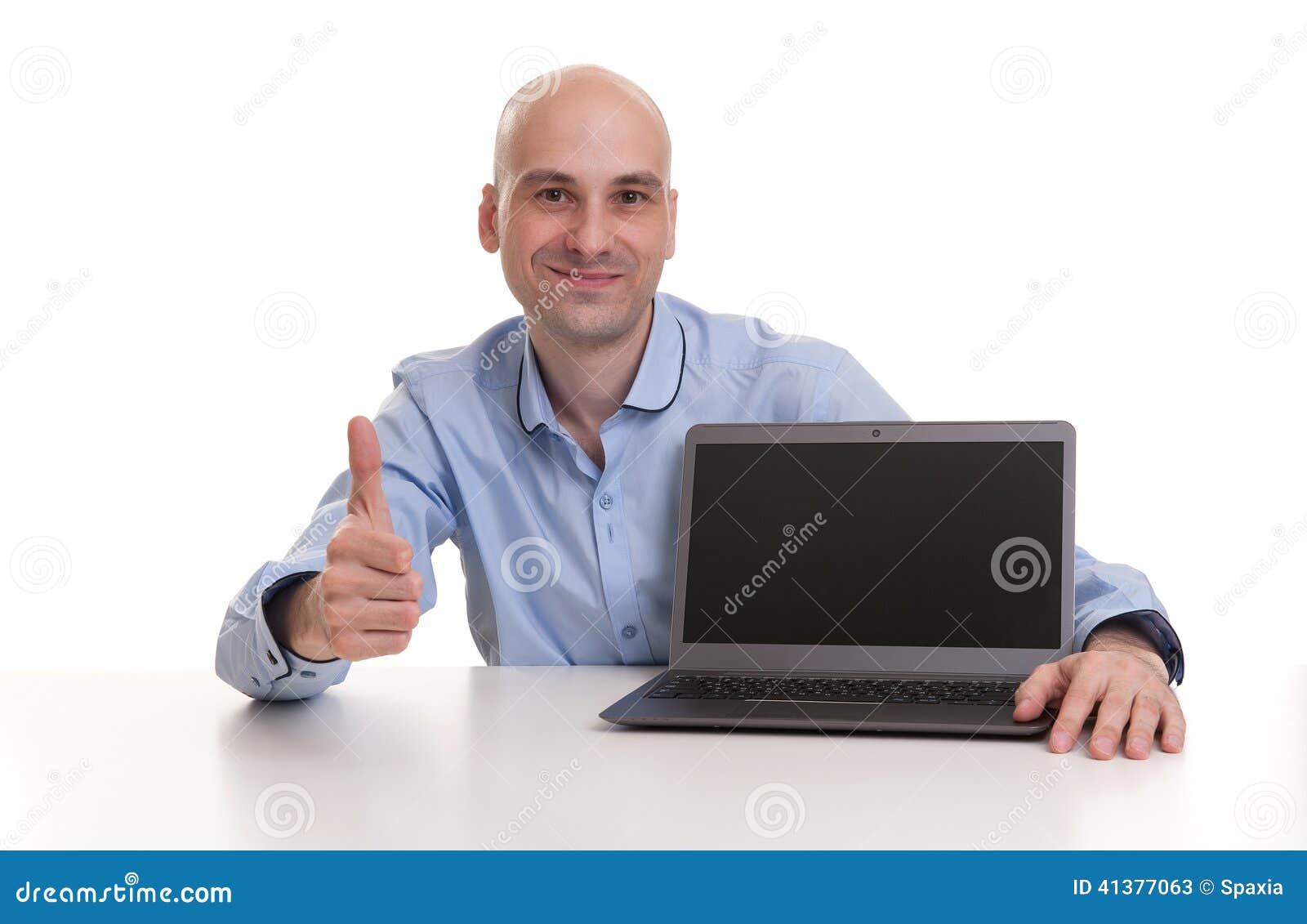 Bald Man with Laptop Showing His Thumb Up Stock Image - Image of ...