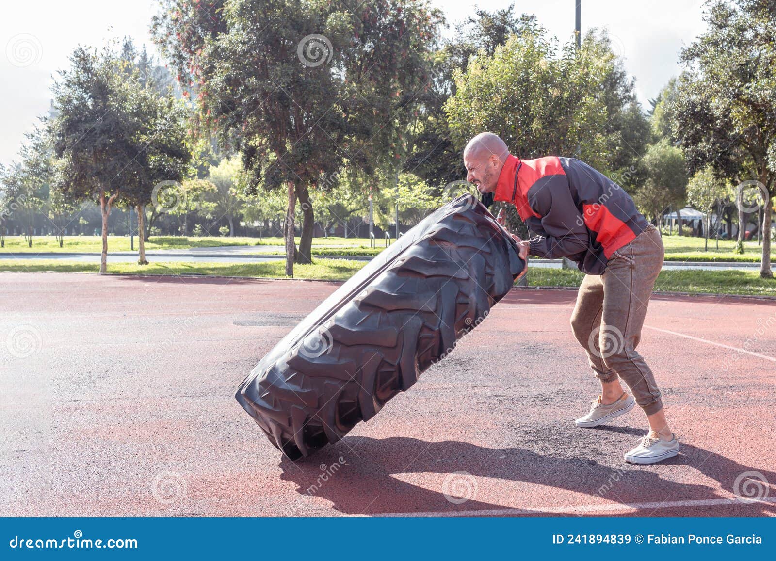 Bald Man Lifting and Pushing a Huge Wheel Exercising Outdoors Stock ...