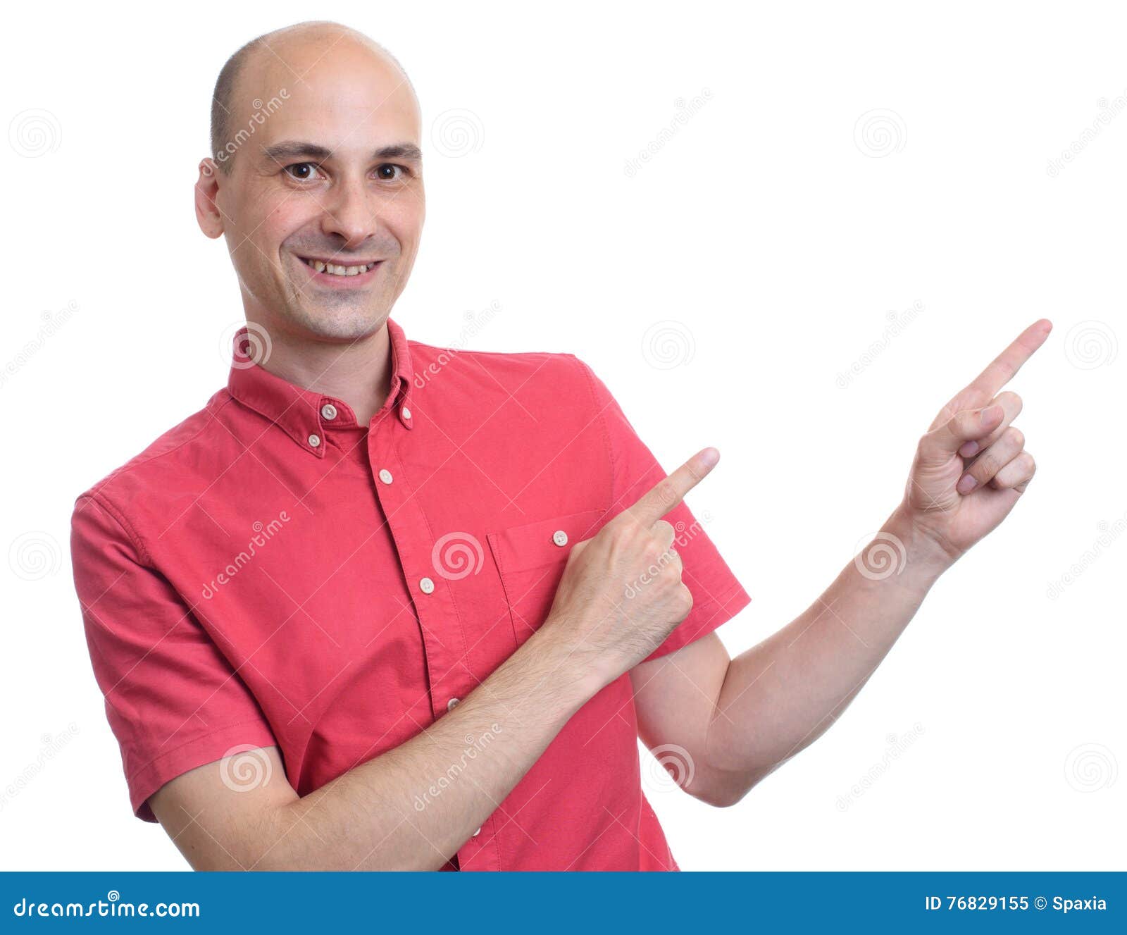 Bald Man in Red Shirt Pointing To Copy Space Stock Image - Image of ...