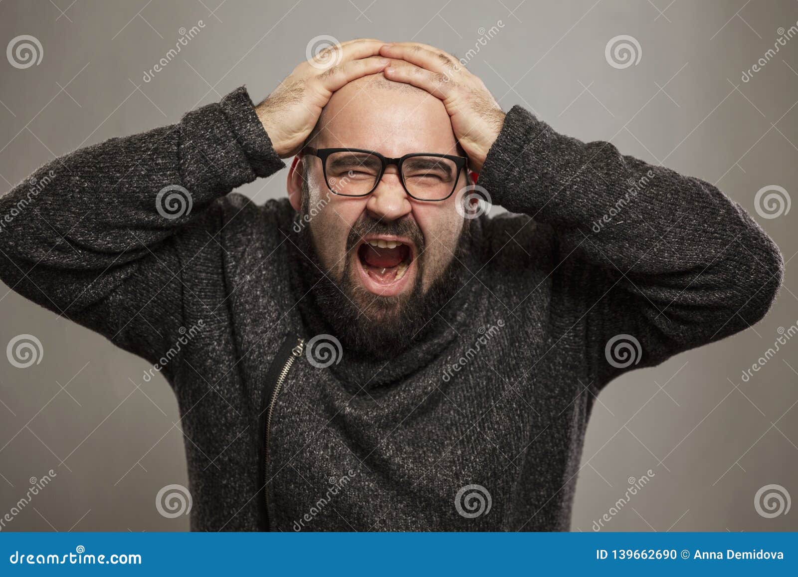 Bald Man Screaming, Clutching His Head Stock Photo - Image of caucasian ...