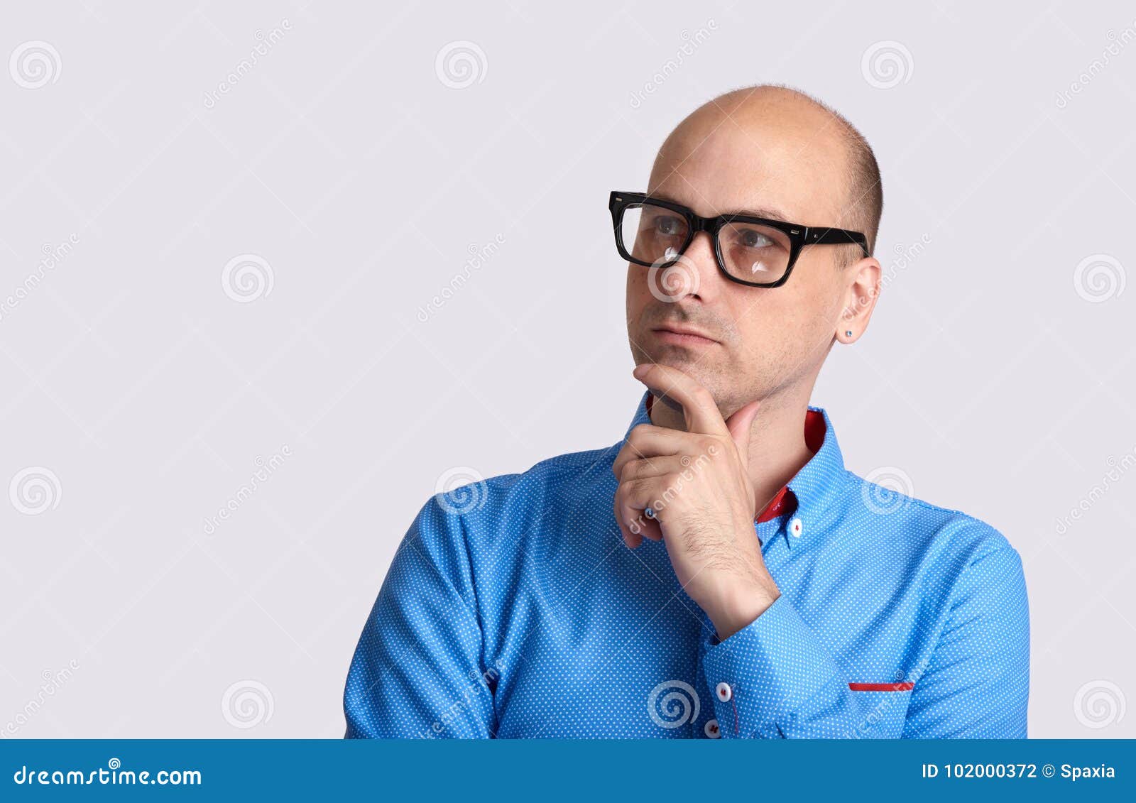 Bald man thinking isolated stock photo. Image of glasses - 102000372