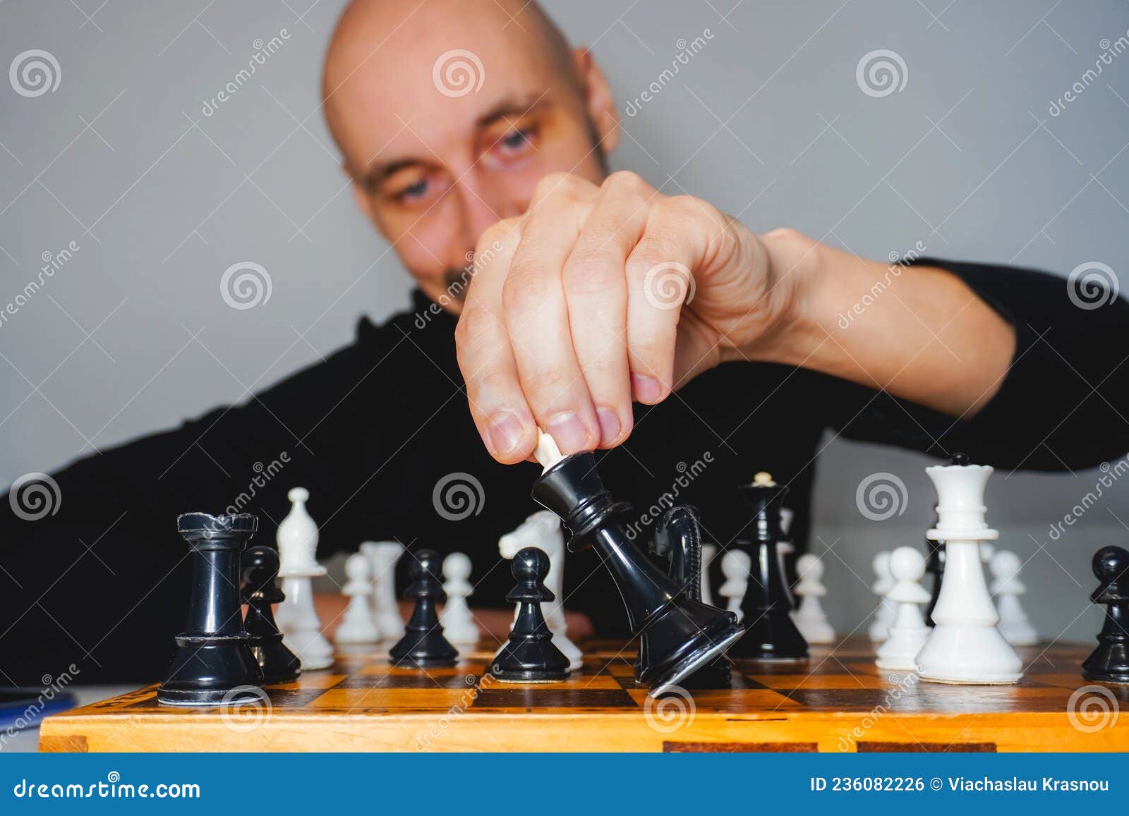 Bald Man Wearing Beard Playing Chess on Board. Strategy and Competition ...