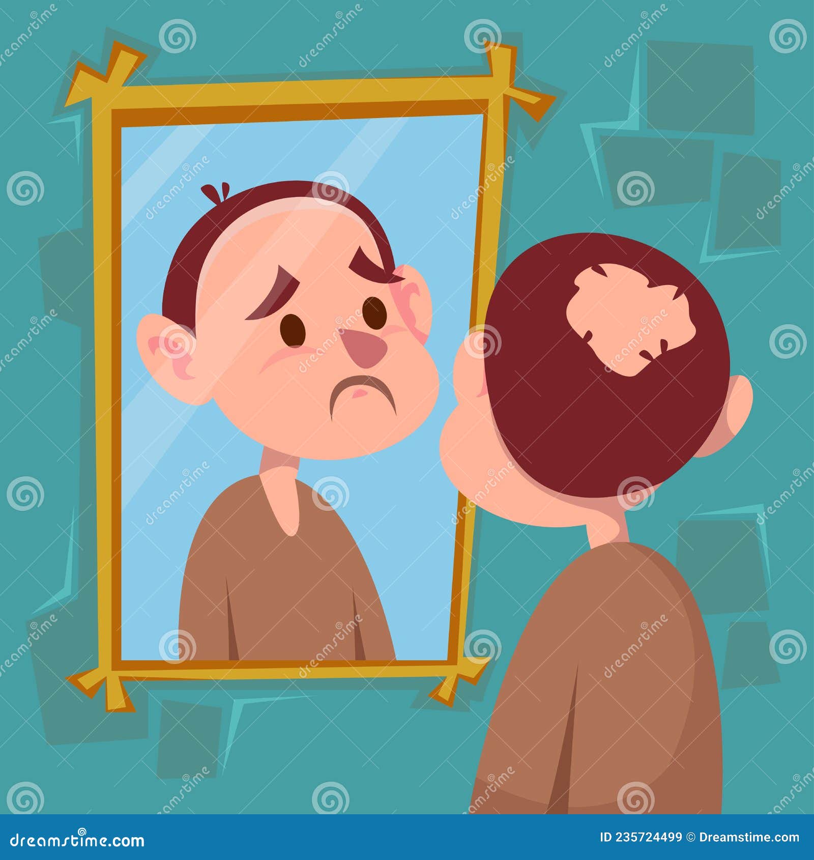 Bald Sad Man Looks at His Reflection in the Mirror. Set with a View of ...
